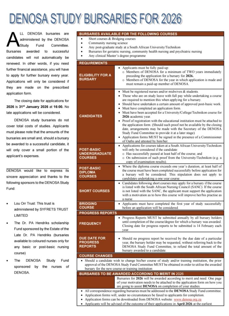 DENOSA STUDY BURSARIES FOR 2026 – DENOSA